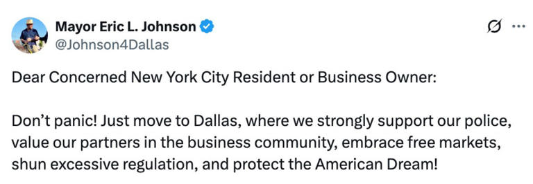 Dallas Mayor Eric Johnson invites ‘concerned’ New Yorkers to move to ...