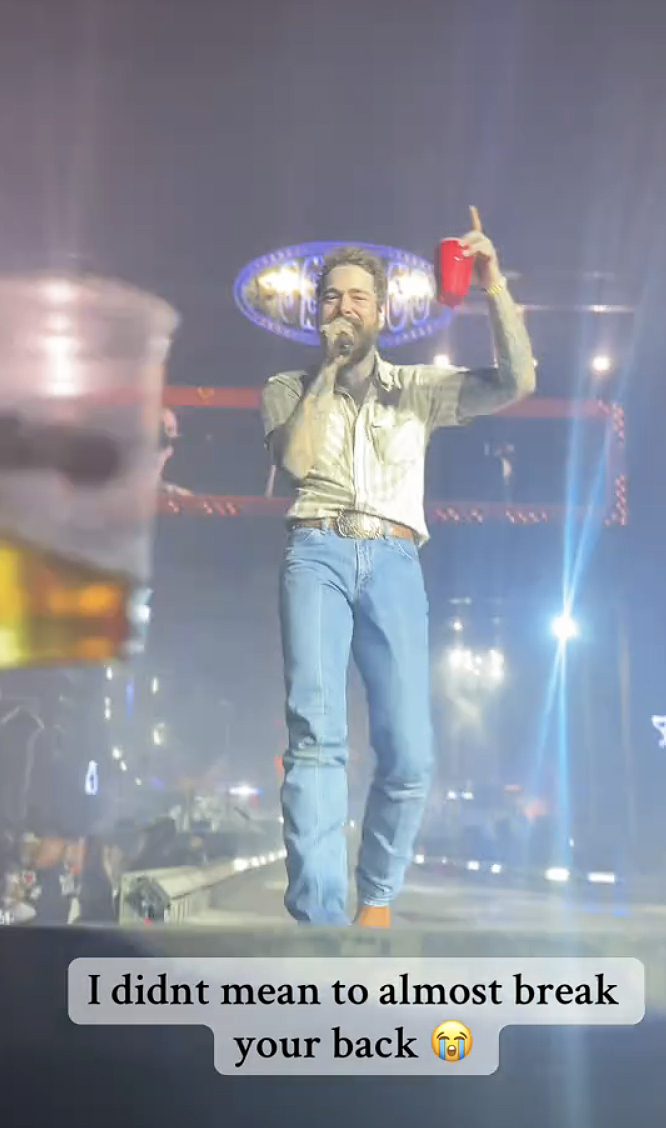 Post Malone takes nasty spill off concert stage while toasting fan with ...
