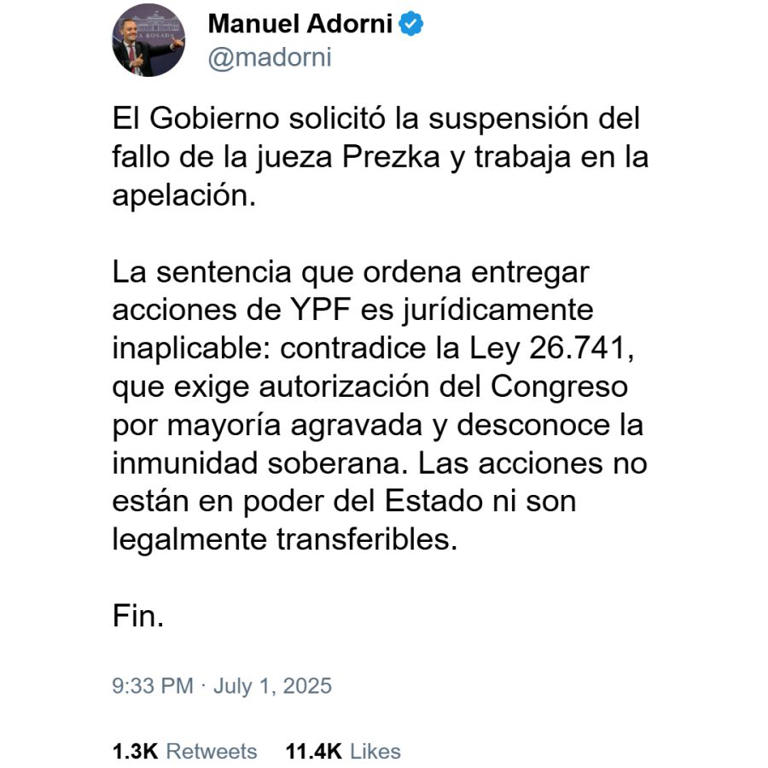 El plan de Milei para frenar el fallo de la jueza Preska contra YPF y el guiño clave que recibió ...