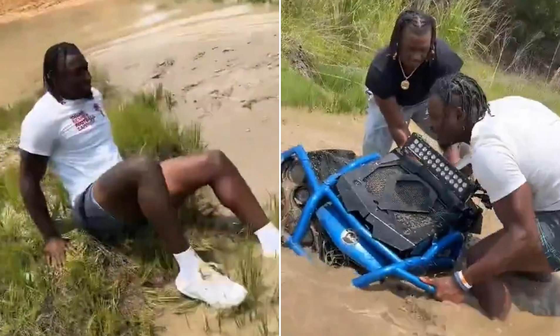 Incredible moment brave NFL star hops into thick mud to rescue stranded ...