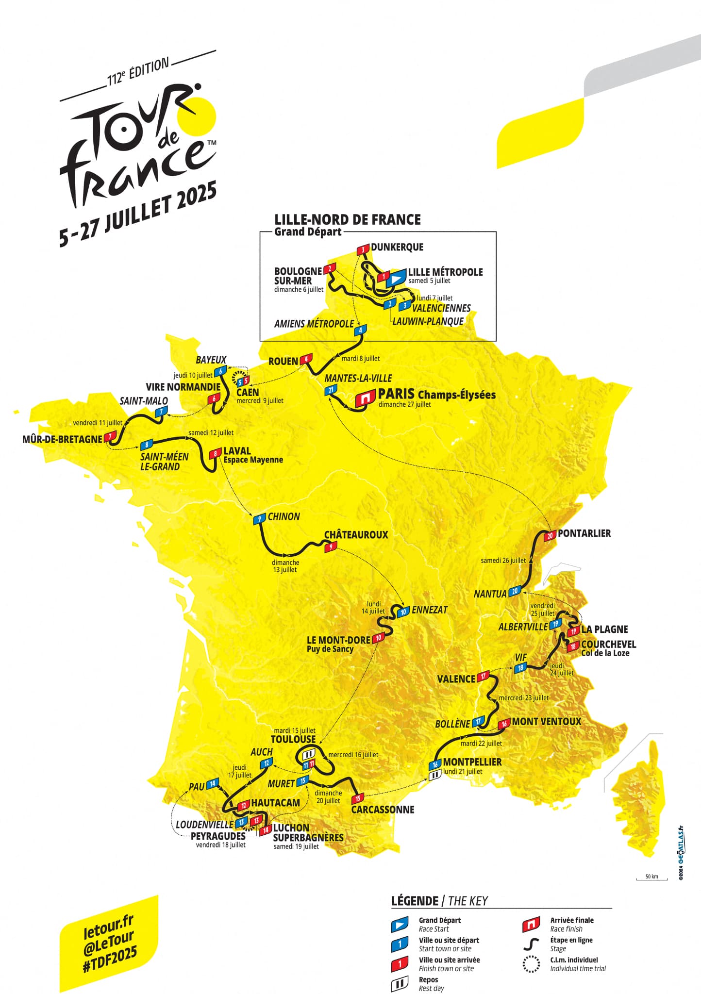 Tour de France 2025: le parcours complet, étape par étape