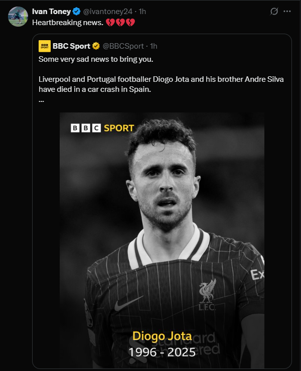 RIP Diogo Jota: Football world reacts to the tragic death of Liverpool star