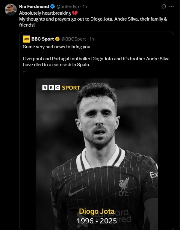 RIP Diogo Jota: Football world reacts to the tragic death of Liverpool star