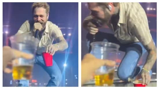 Post Malone falls off stage while clinking cups with fan in Arizona ...