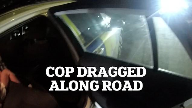 Moment woman drags hero cop down the road with her Porsche