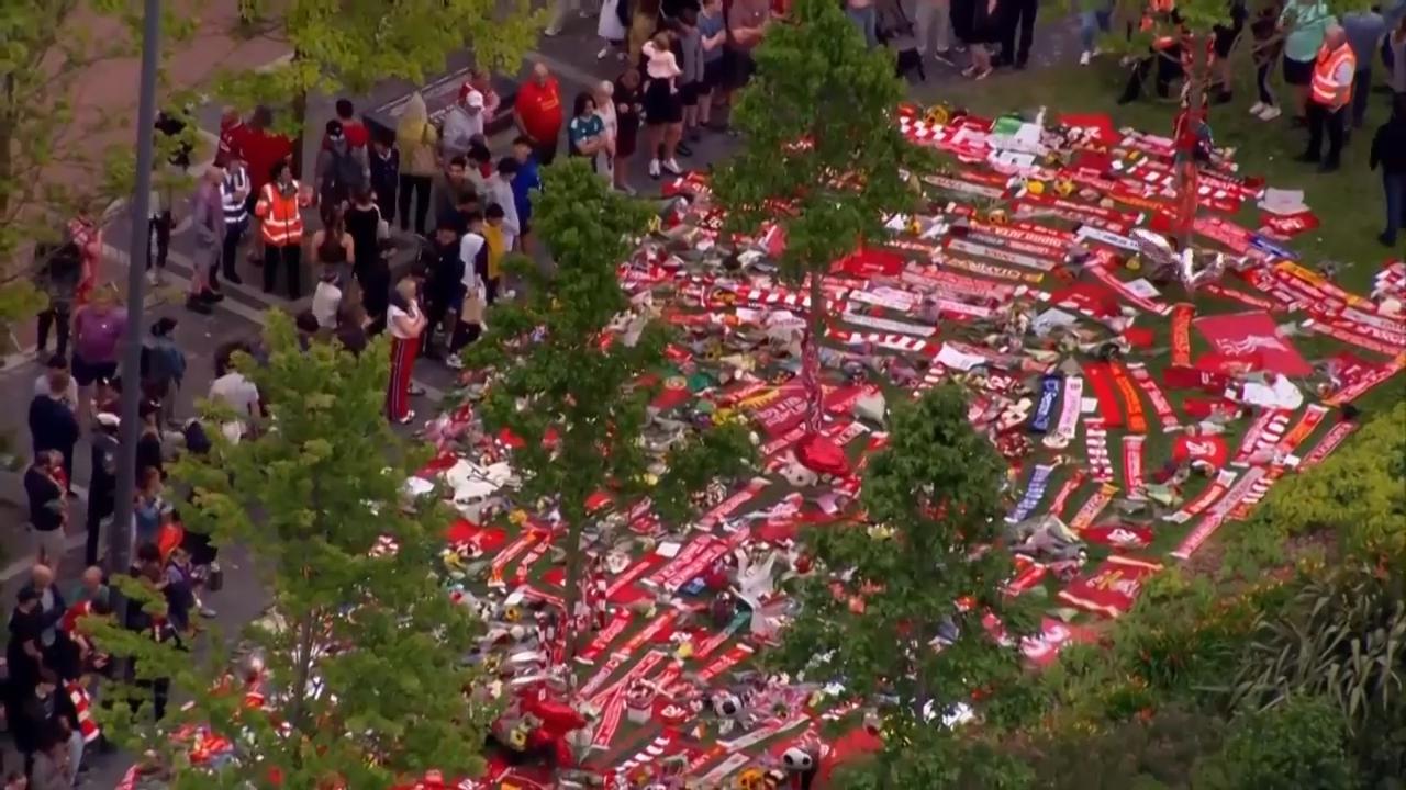 Aerials show tributes to Diogo Jota outside Liverpool's stadium after ...