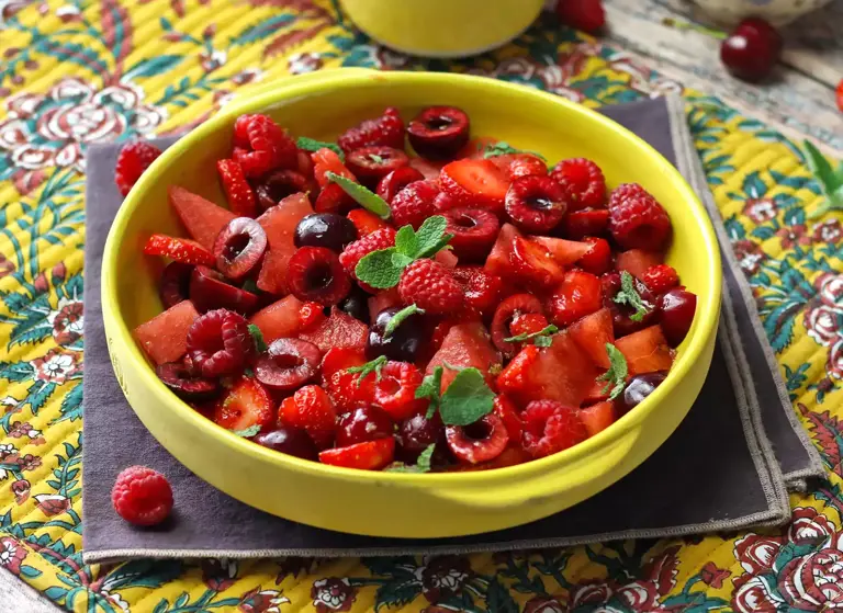 Red fruit salad: strawberry, raspberry, cherry and watermelon, perfect ...