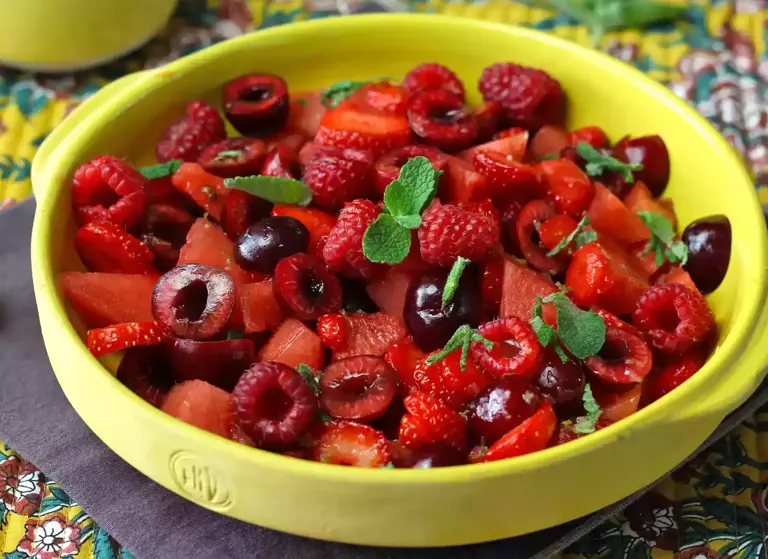 Red fruit salad: strawberry, raspberry, cherry and watermelon, perfect ...