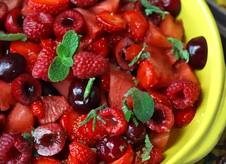Red fruit salad: strawberry, raspberry, cherry and watermelon, perfect ...