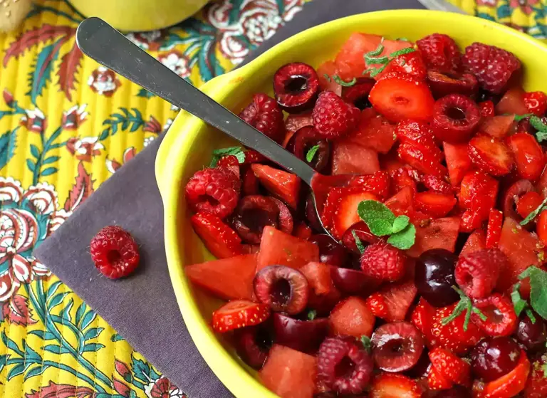 Red fruit salad: strawberry, raspberry, cherry and watermelon, perfect ...