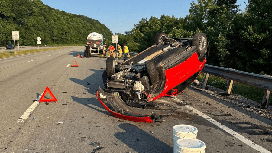One hospitalized after early morning rollover on I-68