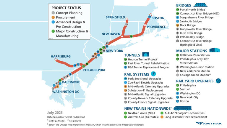 Amtrak July 2025 update shows map of new rail projects