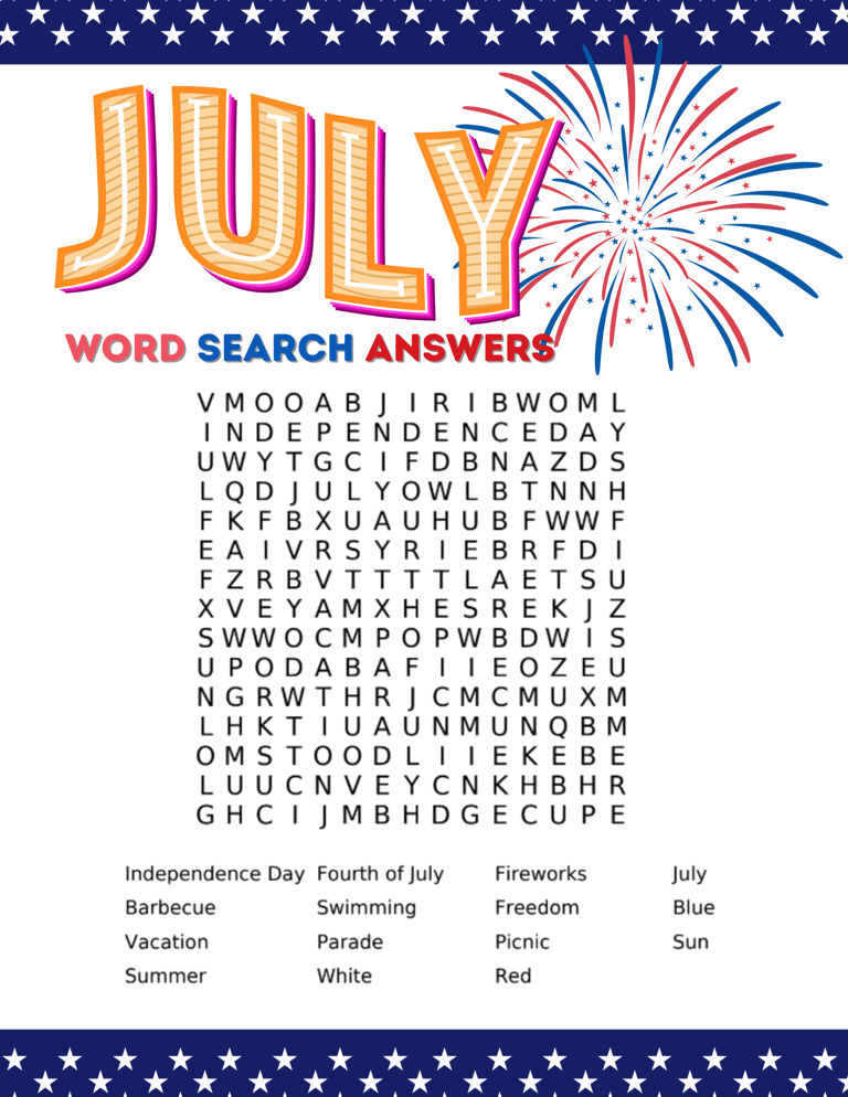 Free Printable July Word Search