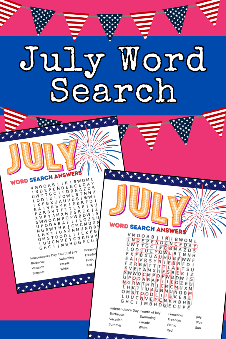 Free printable July word search