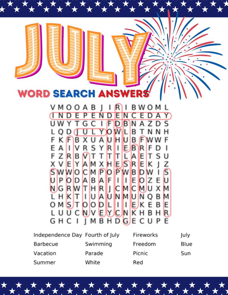 Free printable July word search