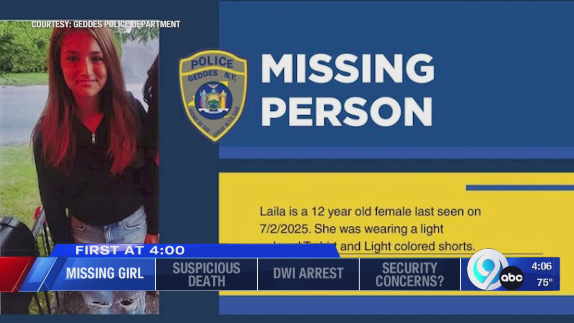 12-year-old reported missing by Town of Geddes Police