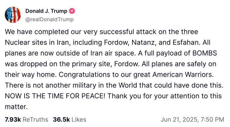 US bombs three nuclear sites in Iran: Trump hails ‘very successful ...