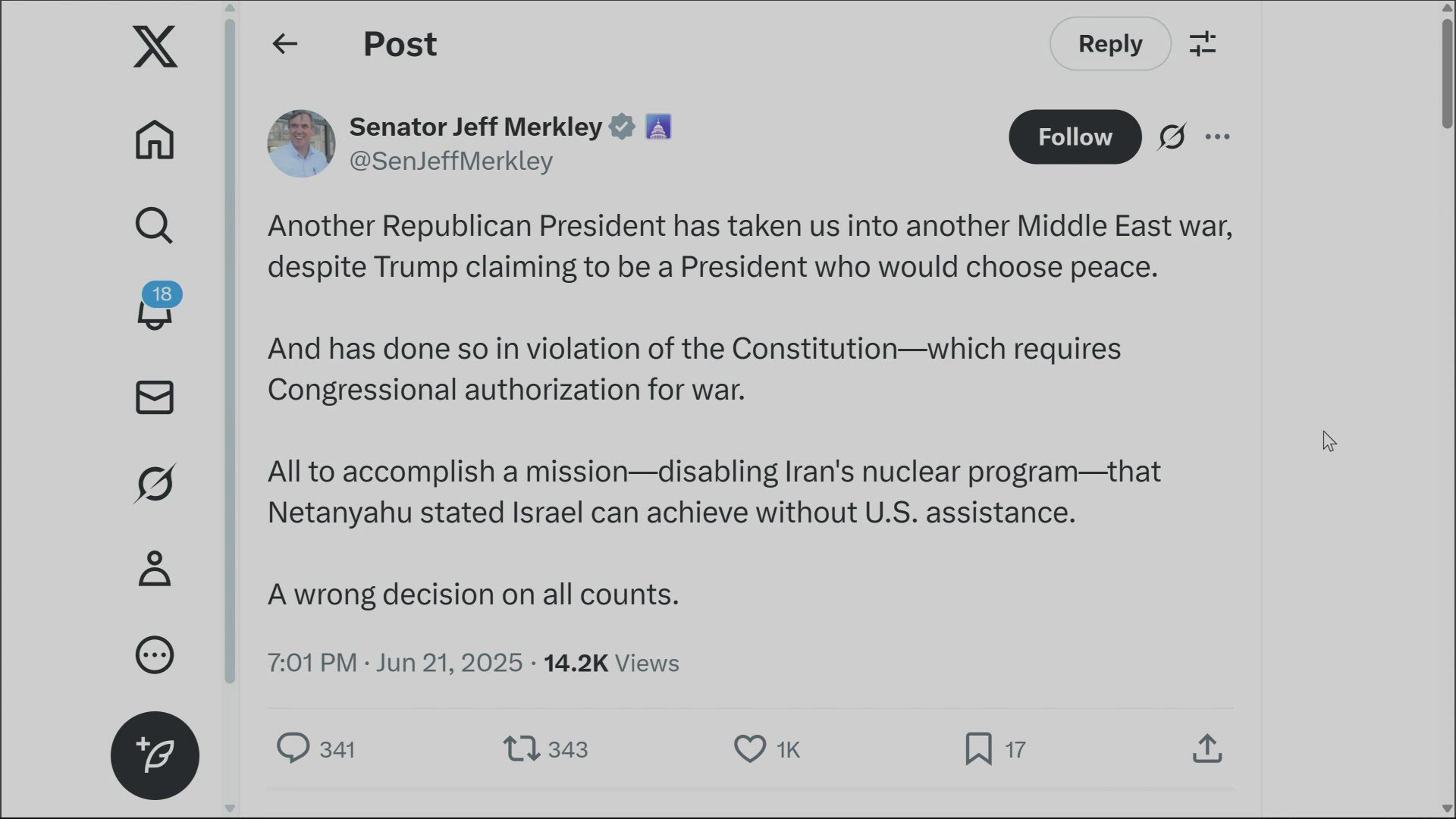 Oregon Sen. Jeff Merkley condemns Trump decision to have US bomb ...