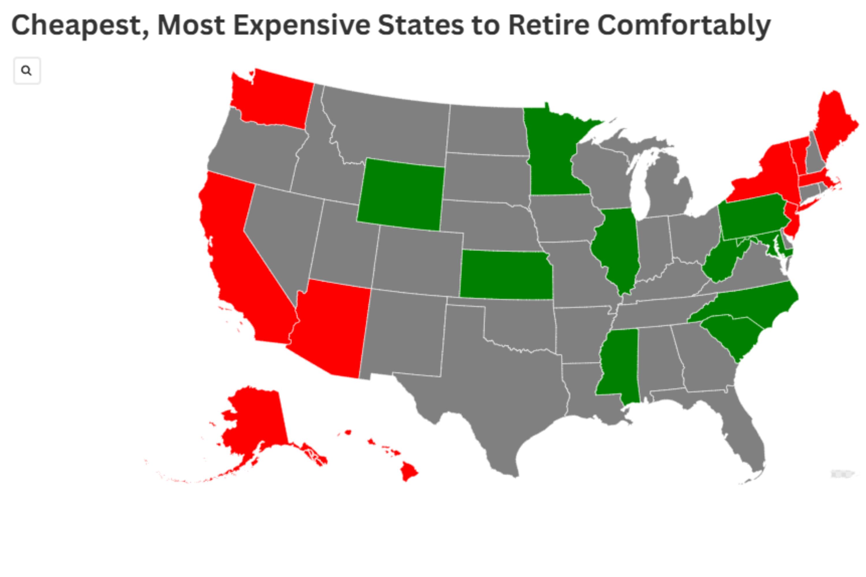 Map shows cheapest and most expensive states to retire comfortably