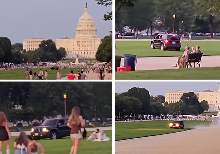 A Jeep drove onto the National Mall, weaving around a summer crowd
