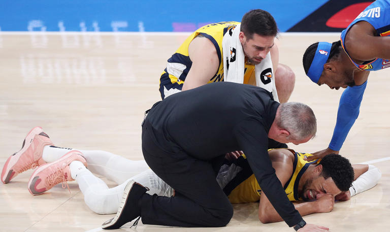 Pacers' Tyrese Haliburton suffers leg injury in NBA Finals Game 7 Pacers' Tyrese Haliburton suffers leg injury in NBA Finals Game 7