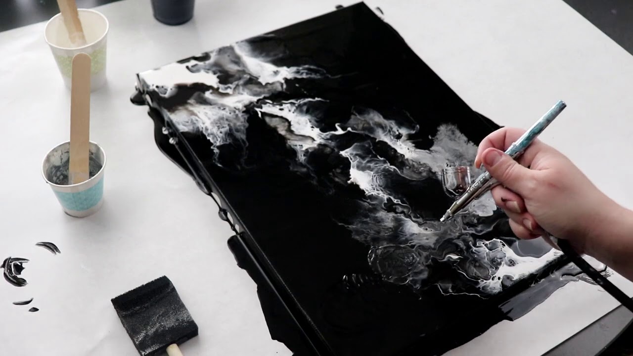 Black, White and Silver Airbrush Acrylic Pour Painting