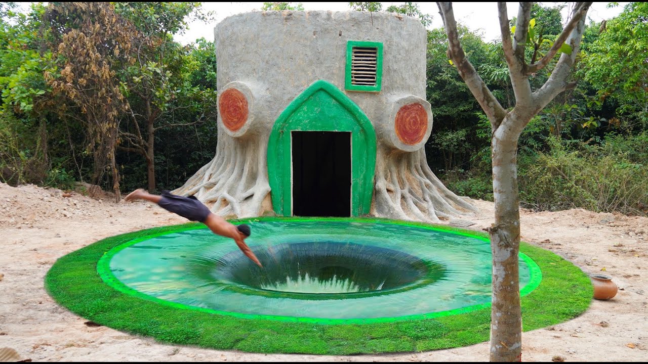 30 days building a solar-powered tree stump fairy house with pool