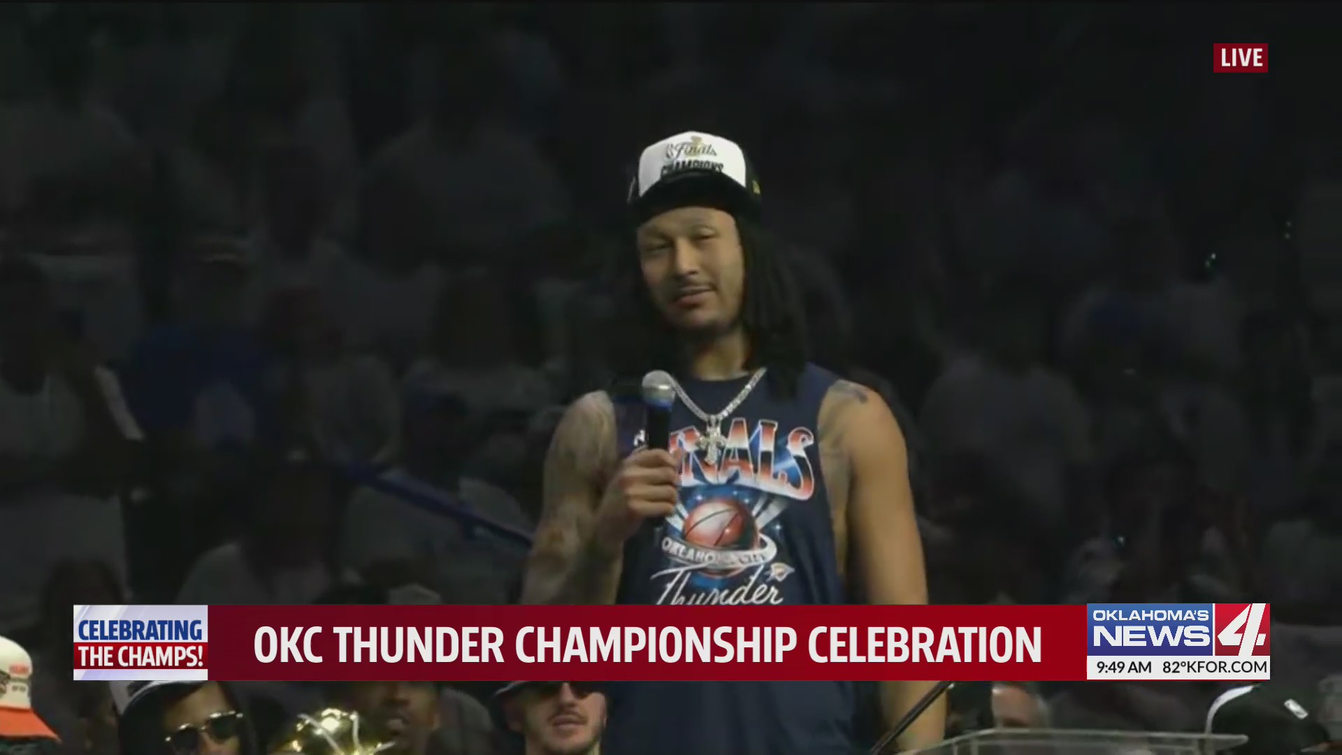 Jaylin Williams speaks at the OKC Thunder Championship Celebration