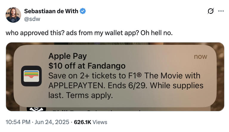 Apple pushes ad for its new F1 movie via Wallet app, iPhone users are ...