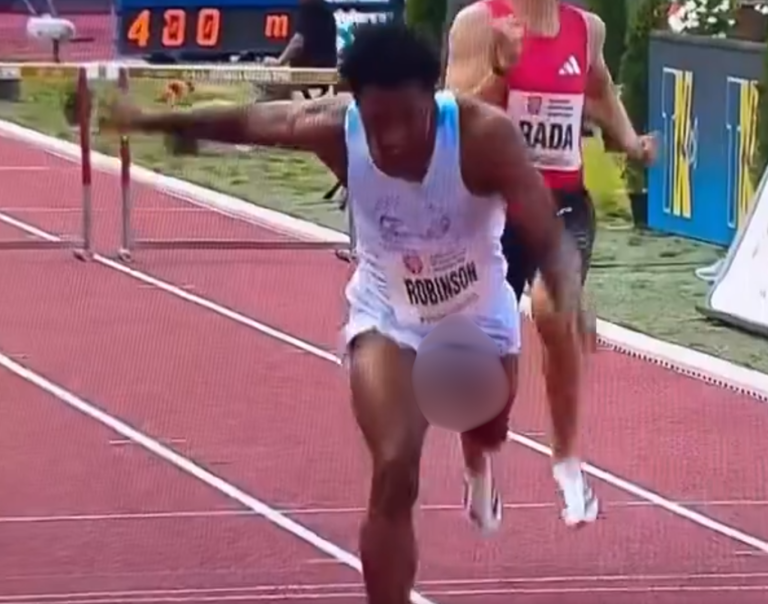 American sprinter Chris Robinson suffers shocking wardrobe malfunction — and still wins the race
