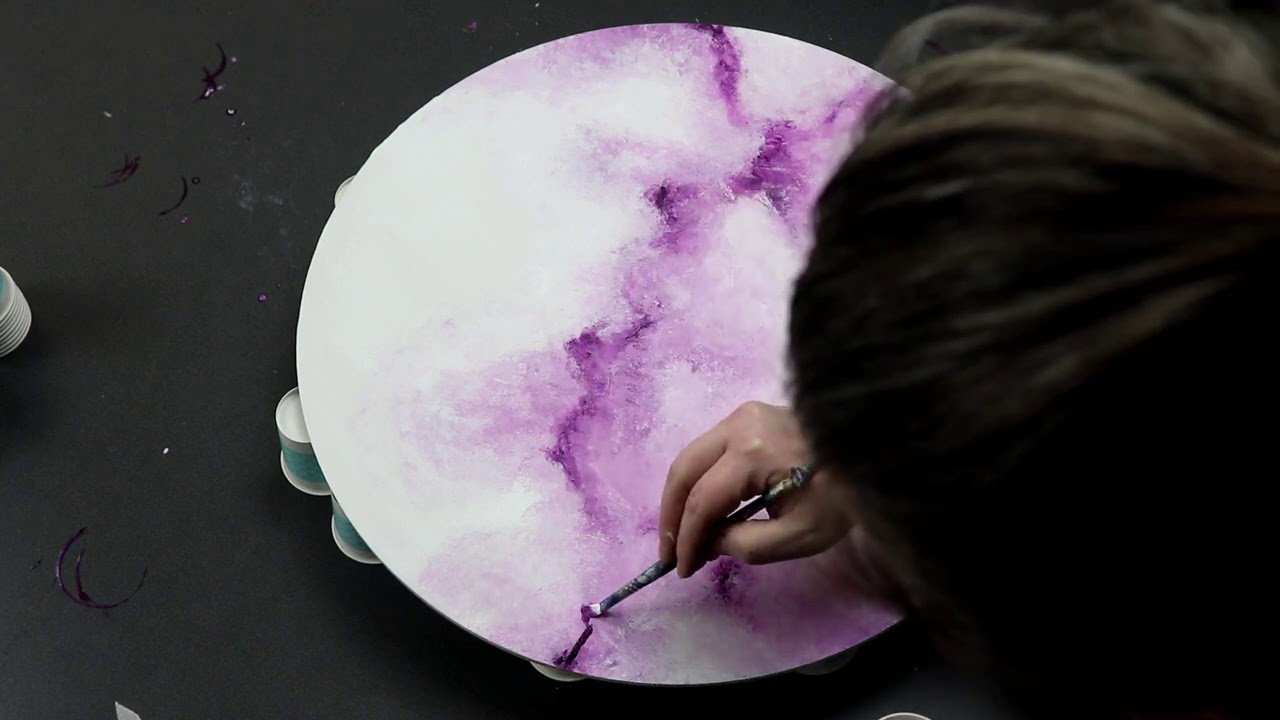 Purple Airbrushed Acrylic Pour on a Wood Circle