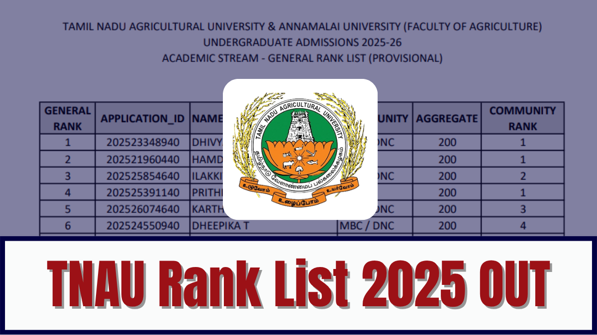 TNAU Rank List 2025 OUT: Tamil Nadu Agricultural University UG Courses Merit List Out at tanu.ac.in