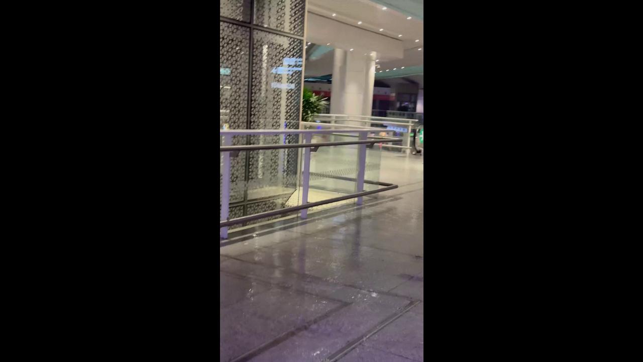 Water leaks from collapsed ceiling at airport amid heavy rain