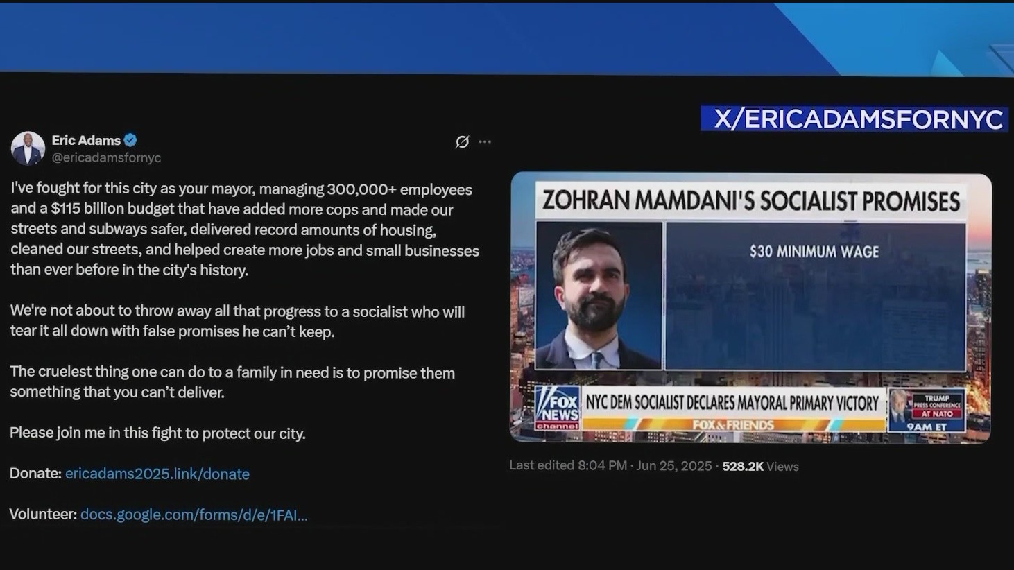 NYC mayor Eric Adams to announce re-election campaign