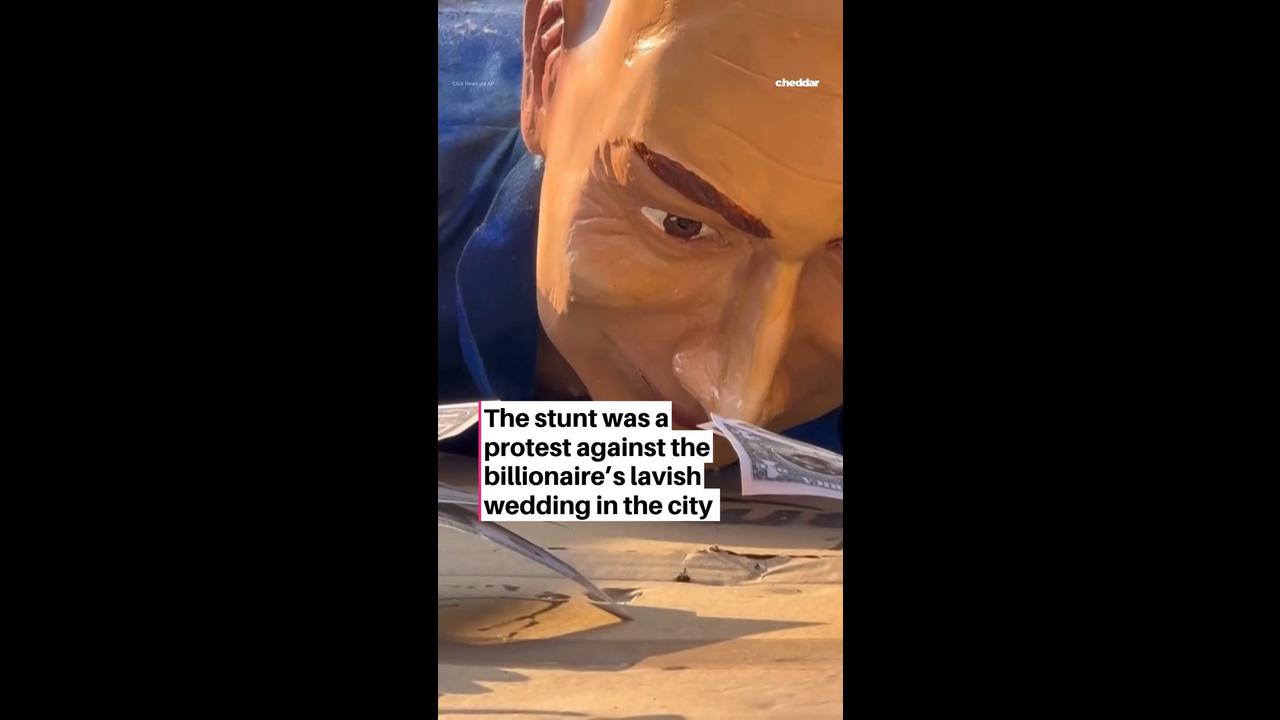 A life-size Jeff Bezos mannequin was dropped into Venice’s Grand Canal