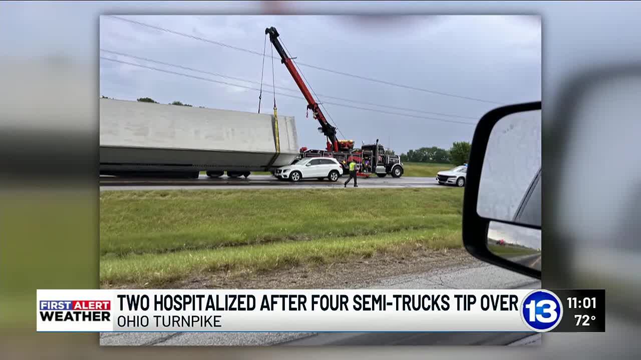 2 hospitalized after 4 semi-trucks tip over on Ohio Turnpike