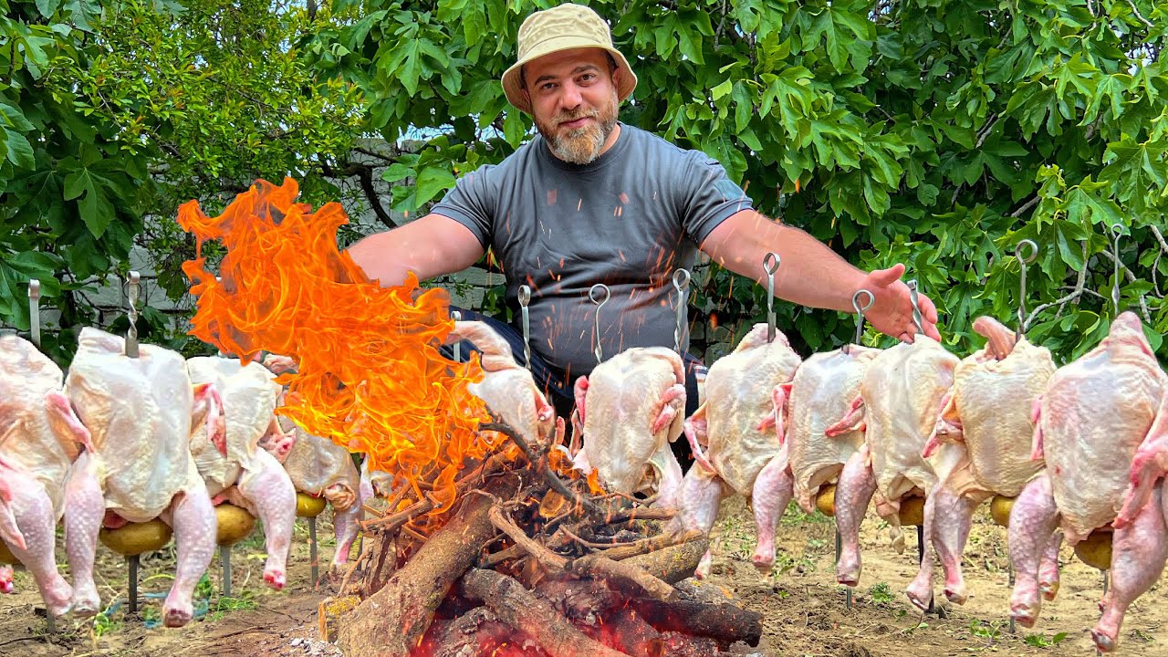 20 Whole Chickens Fried on a Fire with a Perfect Crispy Crust