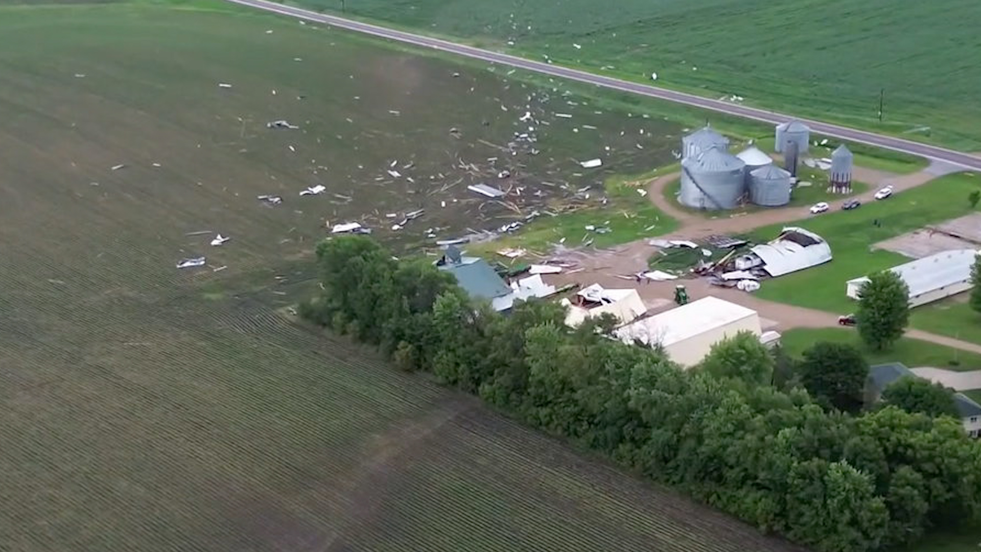 Drone shows birdseye view of Minnesota tornado path and destruction