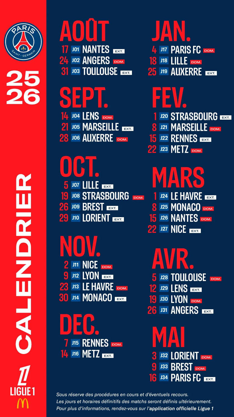 Ligue 1 – Le calendrier des matchs du PSG pour la saison 2025-2026 dévoilé