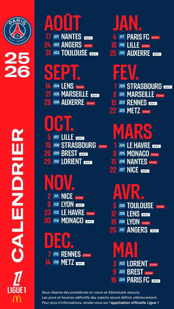 Officiel : Le calendrier du PSG pour la saison 2025 / 2026 en Ligue 1 ...