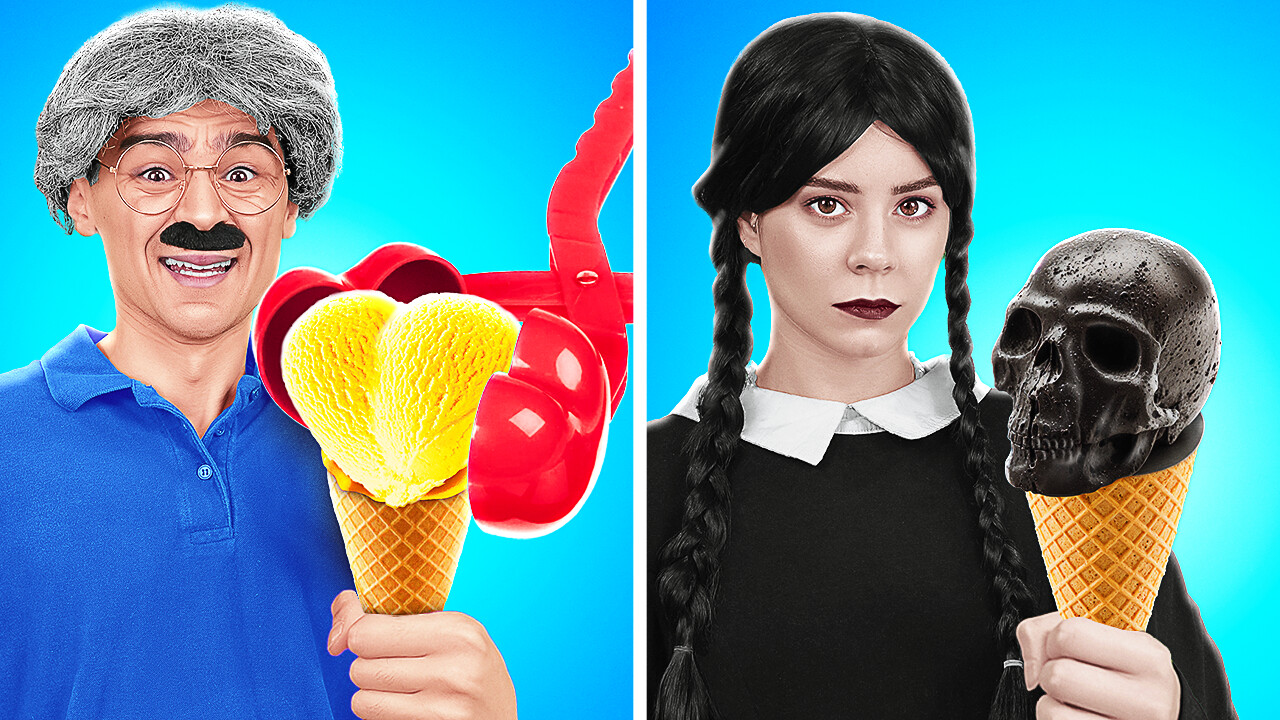 Me VS Grandpa VS Wednesday Cooking Challenge ️ Cute and Spooky Recipes🖤 ...