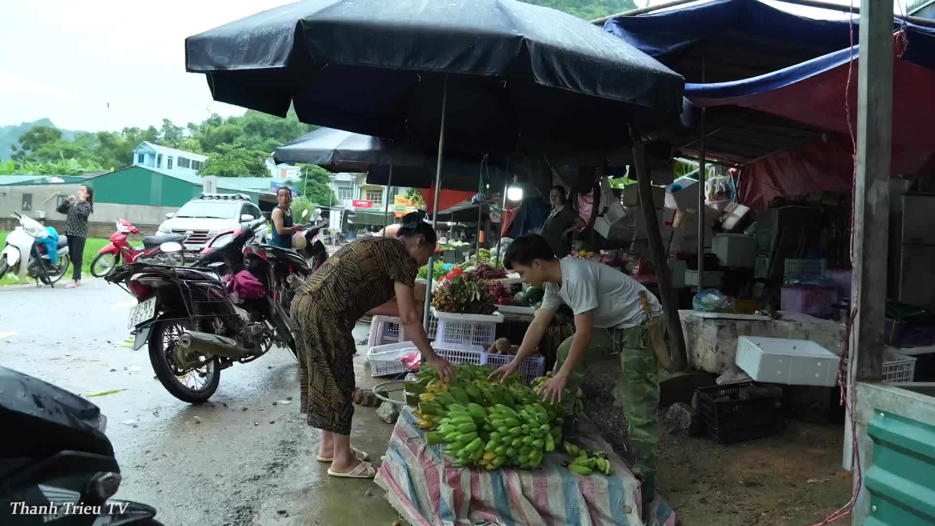 Harvesting bananas on a stormy day