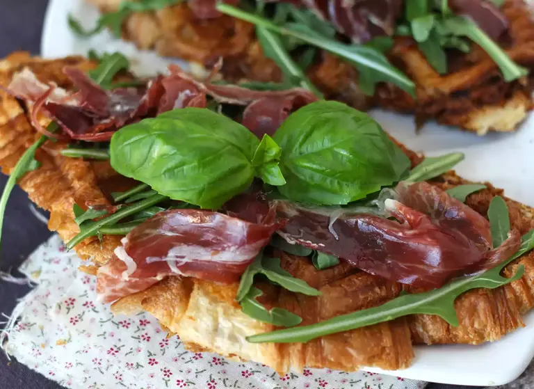 Croffle, the waffle style croissant sandwich with fig jam, goat cheese ...