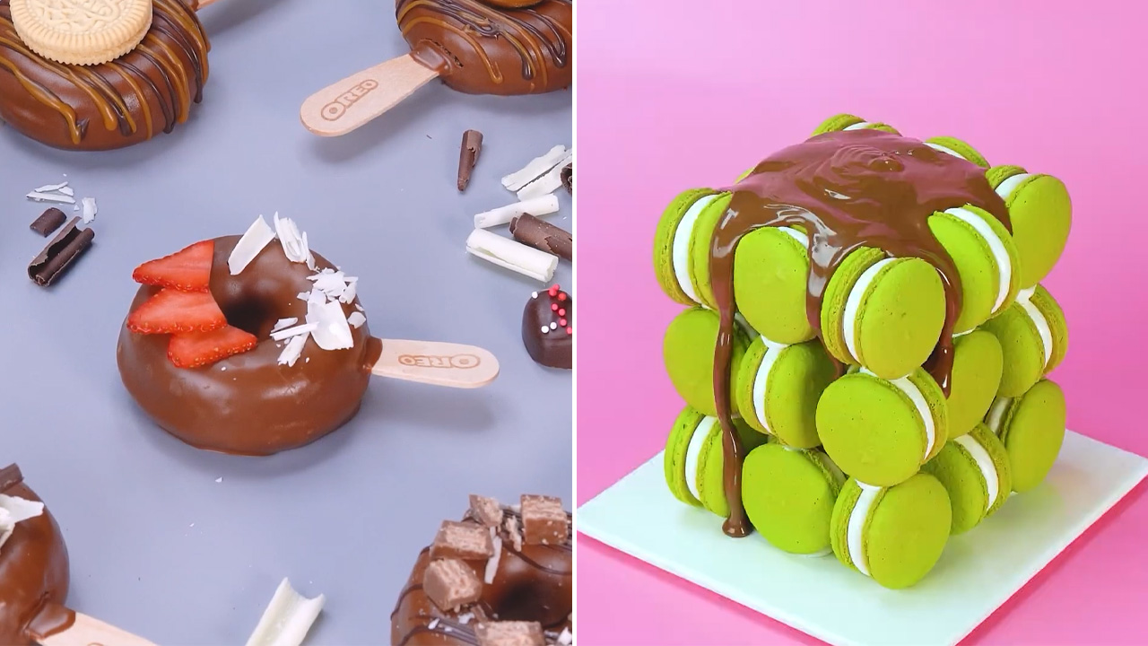 Chocolate-Dipped Donuts & Matcha Macaron Stack 🍩🍫 – Satisfying Cake