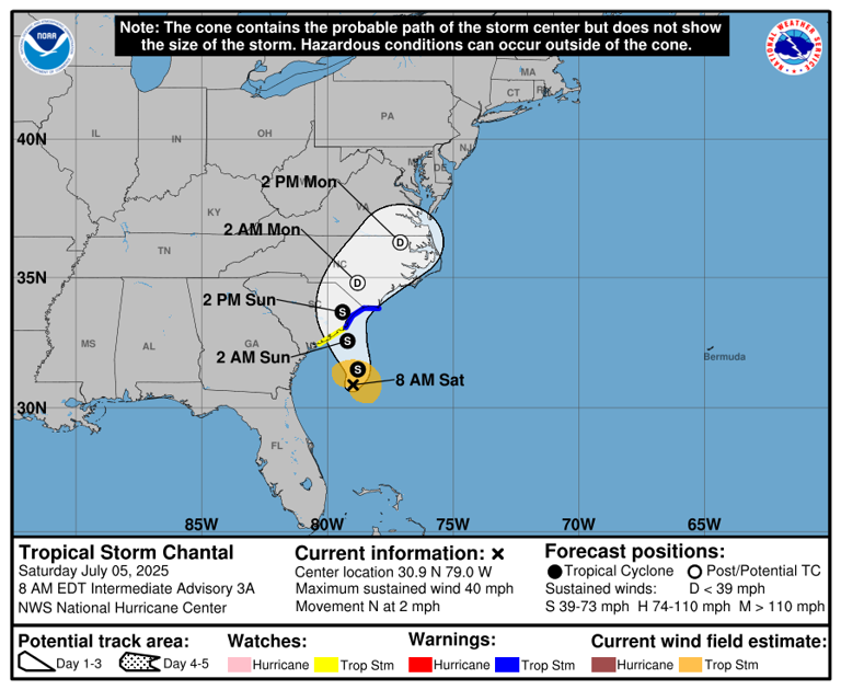 Tropical Storm Chantal weakens to tropical depression, moves inland ...