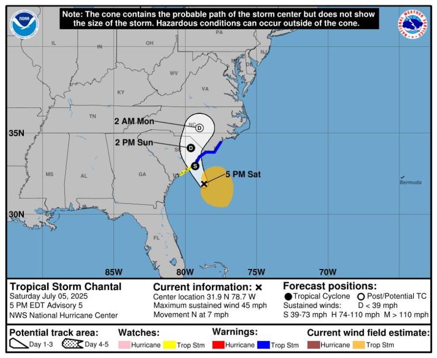 Tropical Storm Chantal churns closer to South Carolina coast