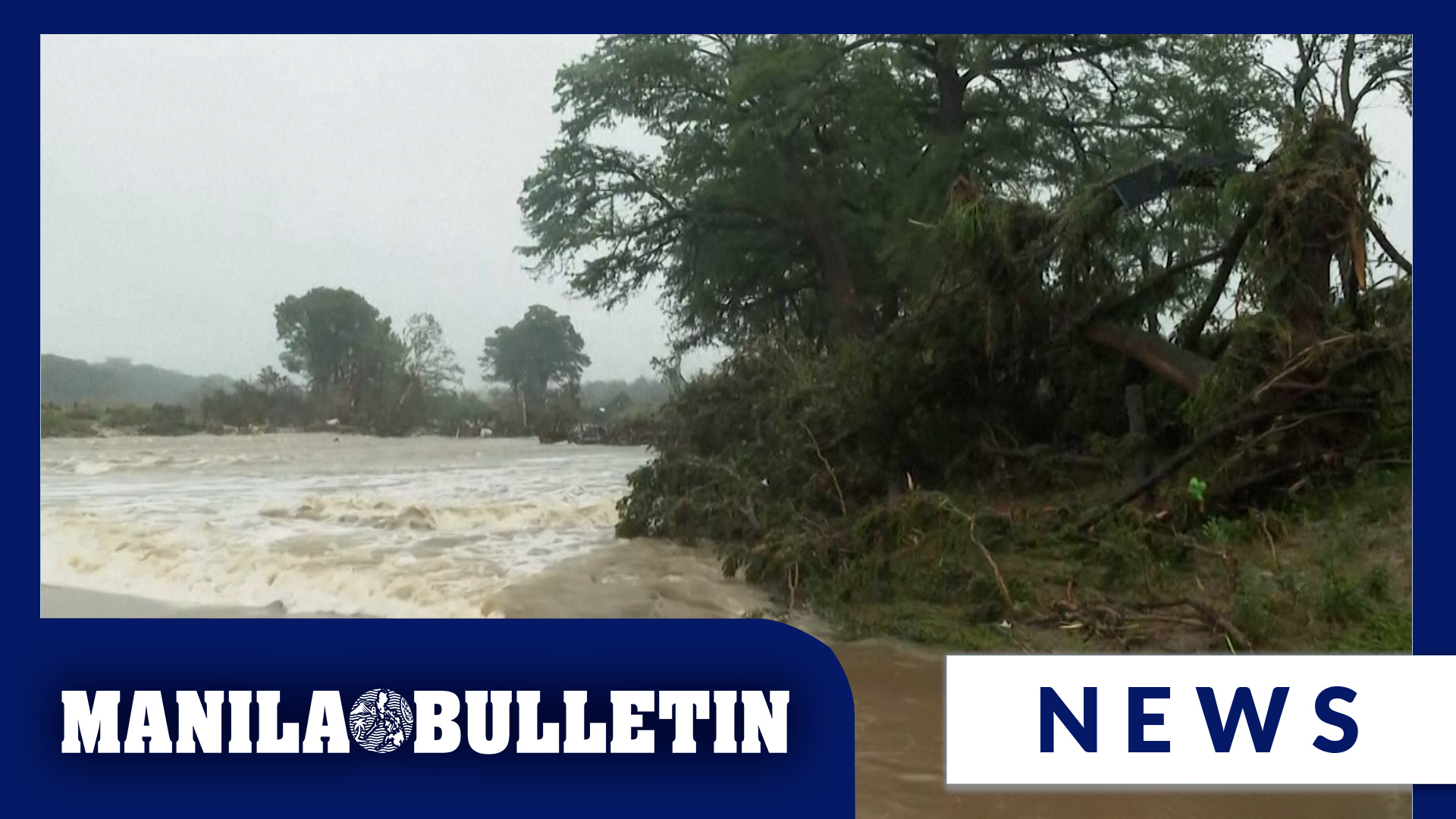 Fast moving flood waters from Guadalupe River rush over road in Texas