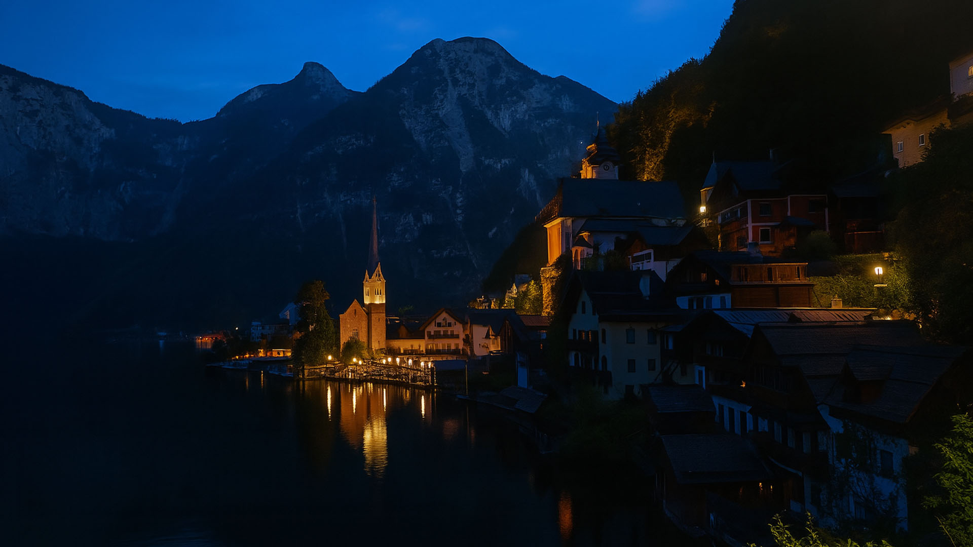 Hallstatt, Áustria – Passeio Sereno ao Anoitecer por uma Vila Alpina da ...
