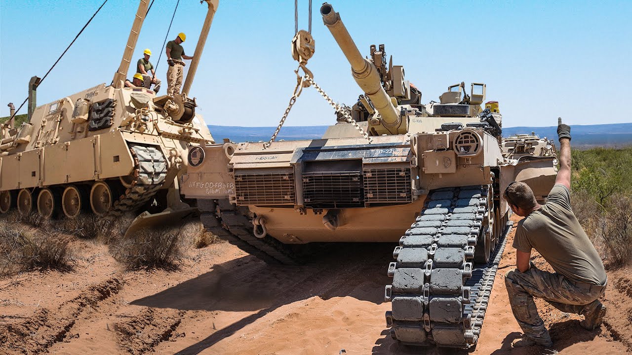 Recovery of US M1 Abrams tank from deep mud conditions