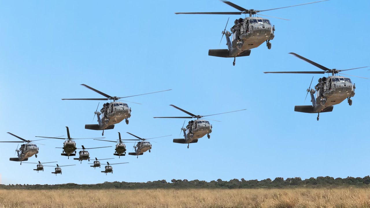 Massive invasion exercise features US helicopters over a wheat field